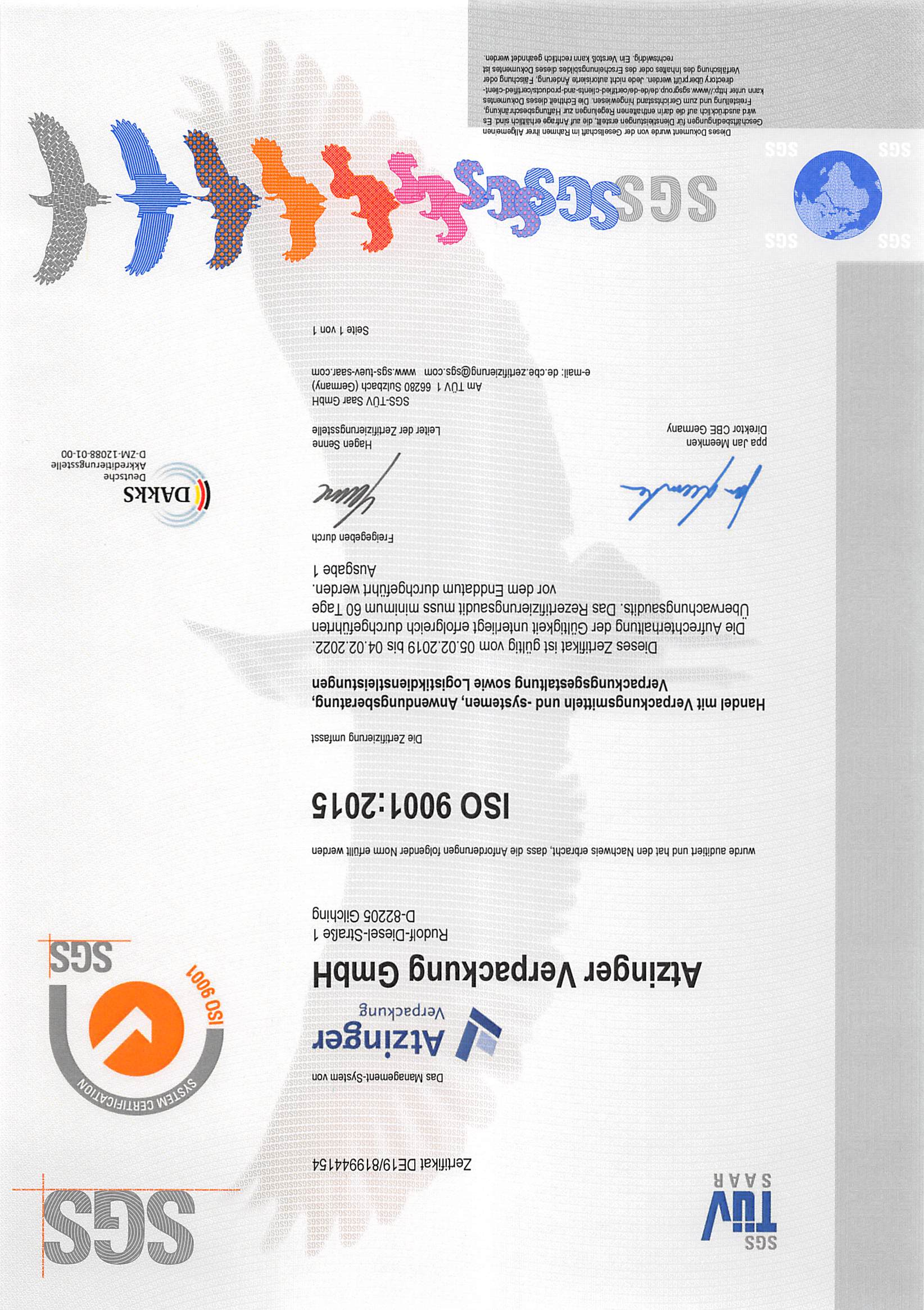 Atzinger Verpackung GmbH Iso-Zertifizierung